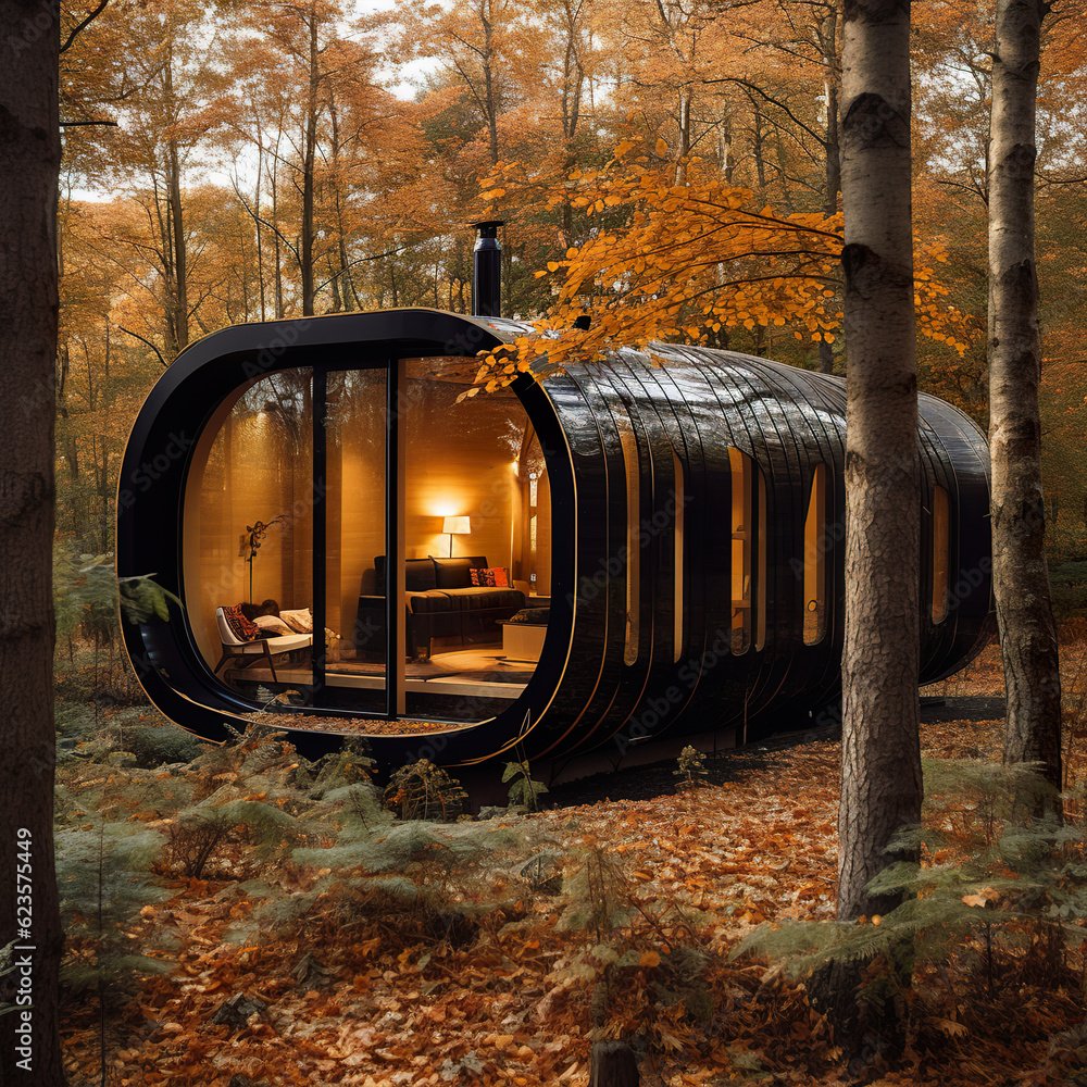 Illustration of a biophilic black capsule dwelling in the forest with a ...