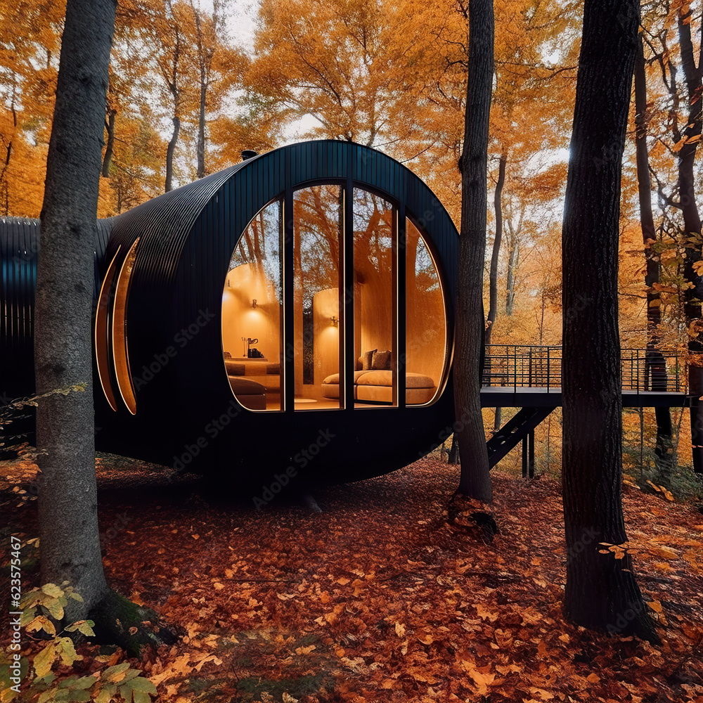 Illustration of a biophilic black capsule dwelling in the forest with a ...
