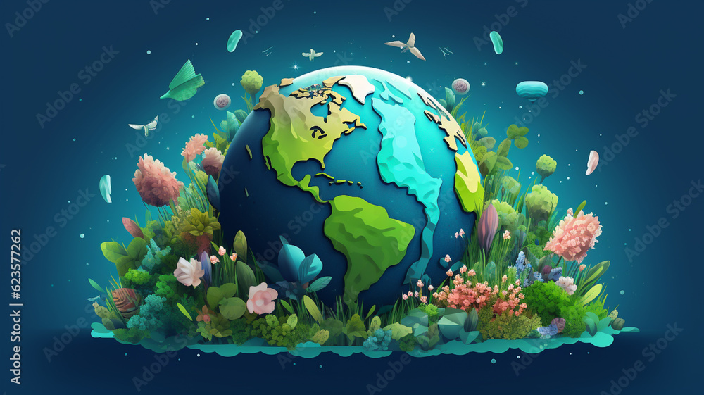 3D earth illustration, green nature environment, concept of ecology and ...