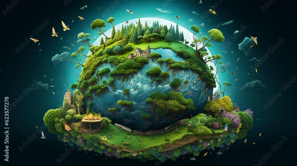 3D earth illustration, green nature environment, concept of ecology and ...