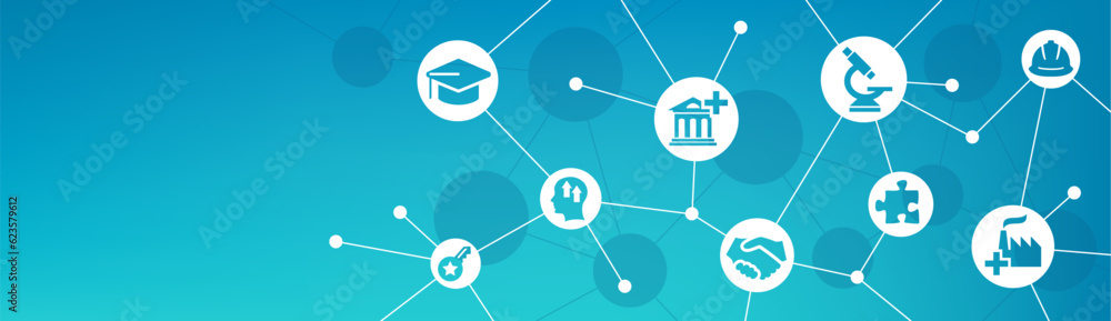 University industry collaboration vector illustration. Blue concept ...