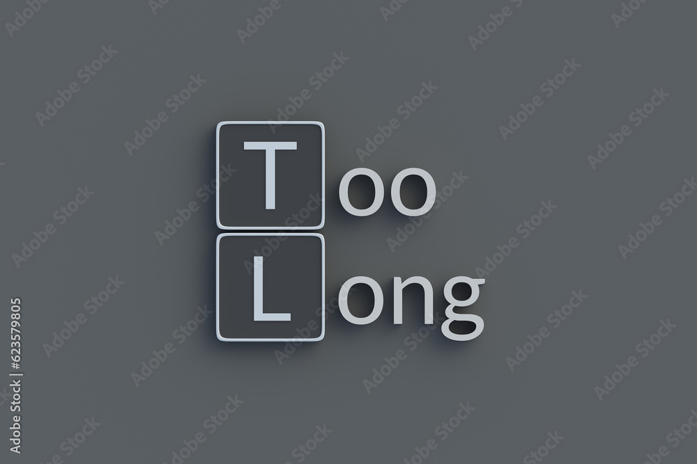 TL Too long metallic inscription. Acronym or abbreviation. Top view. 3d ...