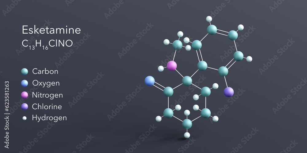 esketamine molecule 3d rendering, flat molecular structure with ...