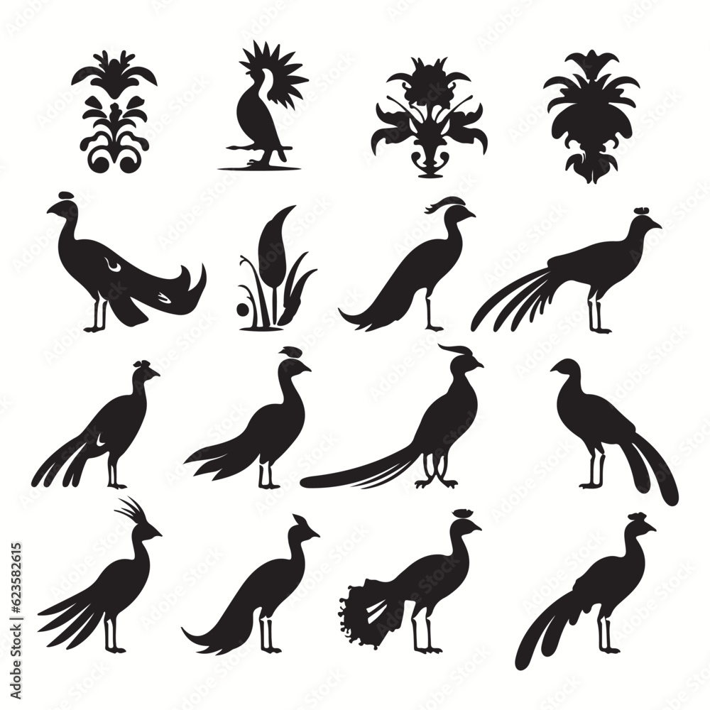 Quetzal silhouettes and icons. Black flat color simple elegant Quetzal ...