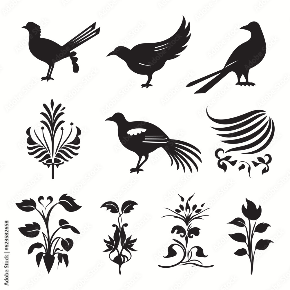 Quetzal silhouettes and icons. Black flat color simple elegant Quetzal ...