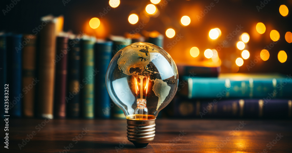 a light bulb with illuminated Globe Earth map inside sitting on top of ...