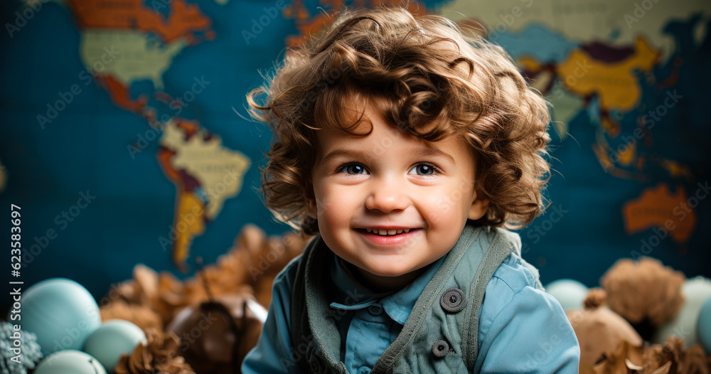 Smiling Child Embracing the World on Earth Map background: World ...