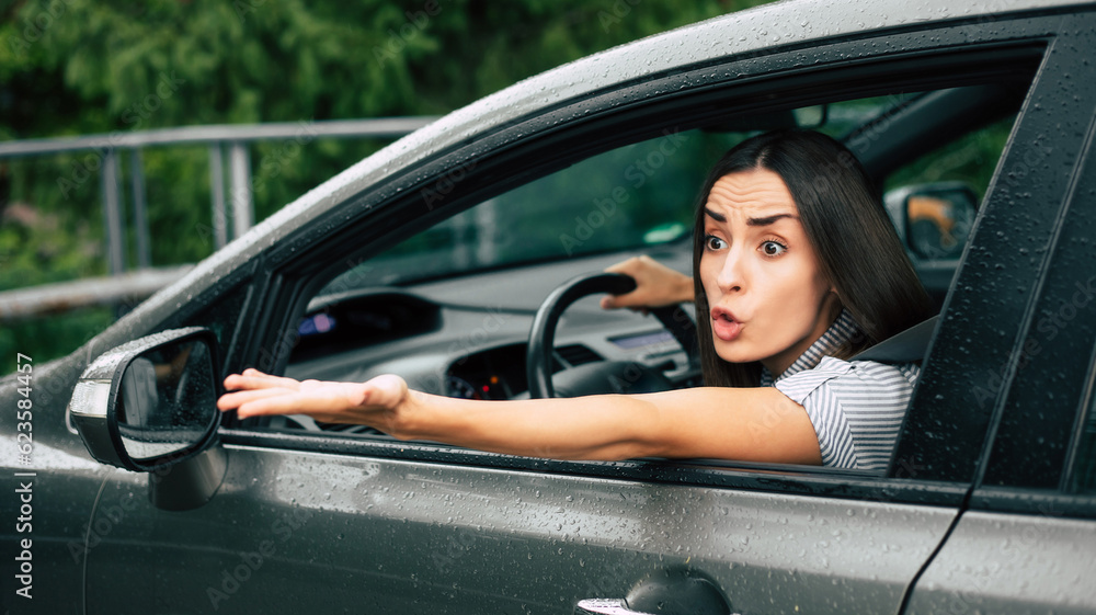 Foto de Traffic jam. Aggressive driver. Car accident. Close up portrait ...
