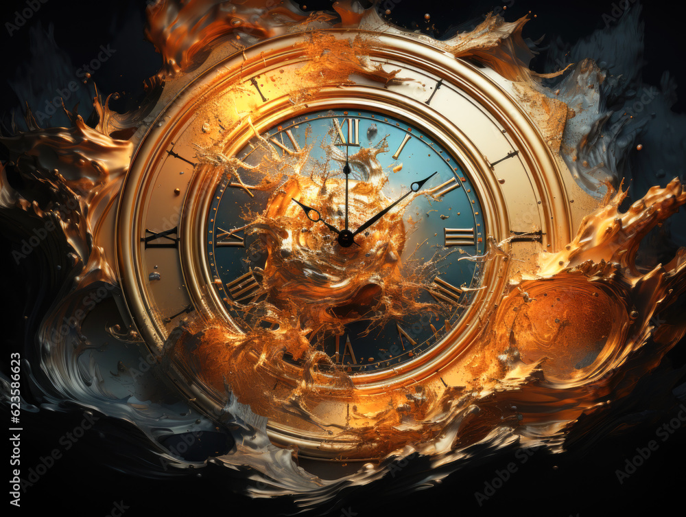 A surreal clock made of golden and mercury materials, melting in a ...