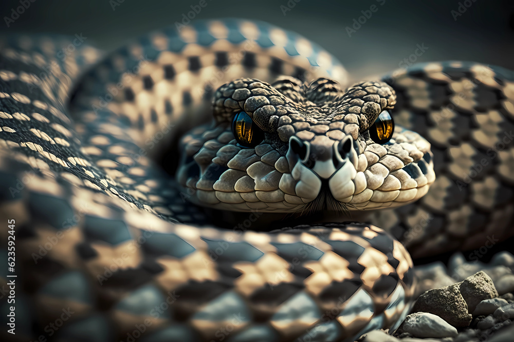 A venomous coiled rattlesnake, ready to strike with its deadly fangs ...