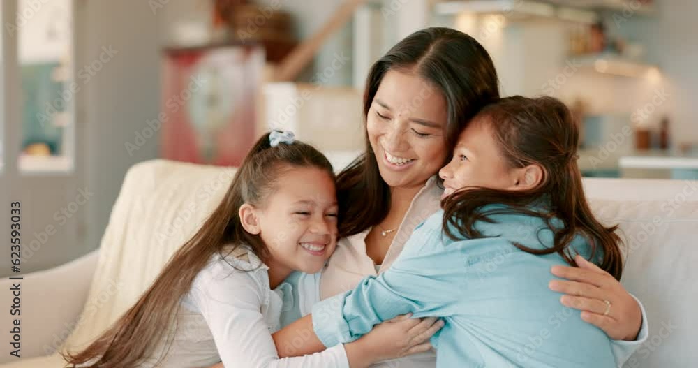 Mother, couch and hug with kids and parent care in a home with a smile ...