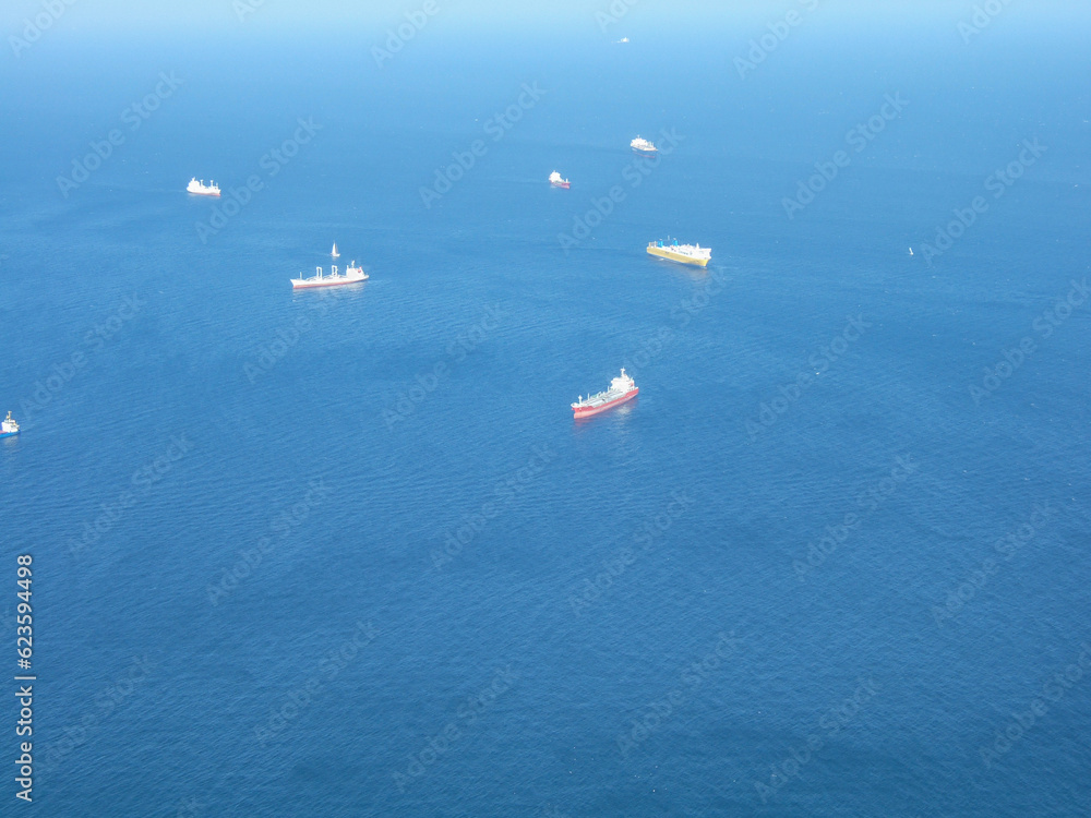Container ships on the sea off the coast of Gibraltar, photographed ...