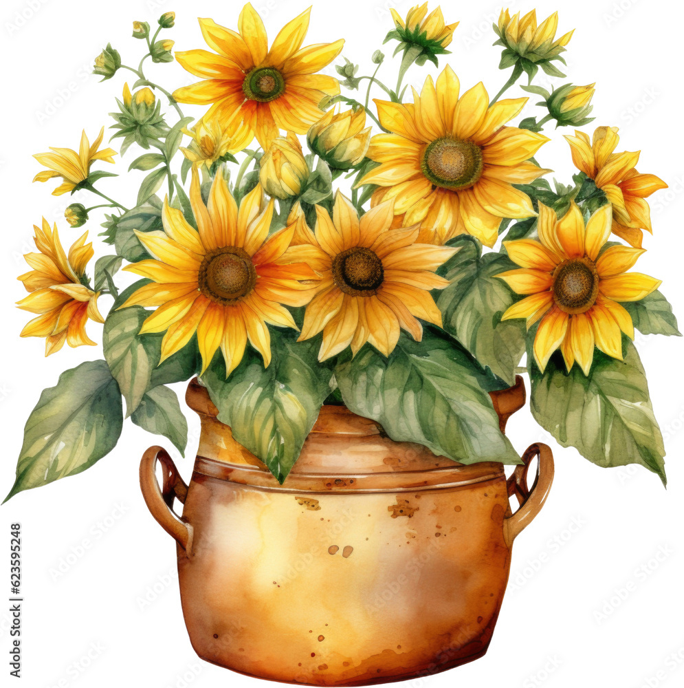 Cute Watercolor Sunflower Pot Clipart Stock Illustration | Adobe Stock