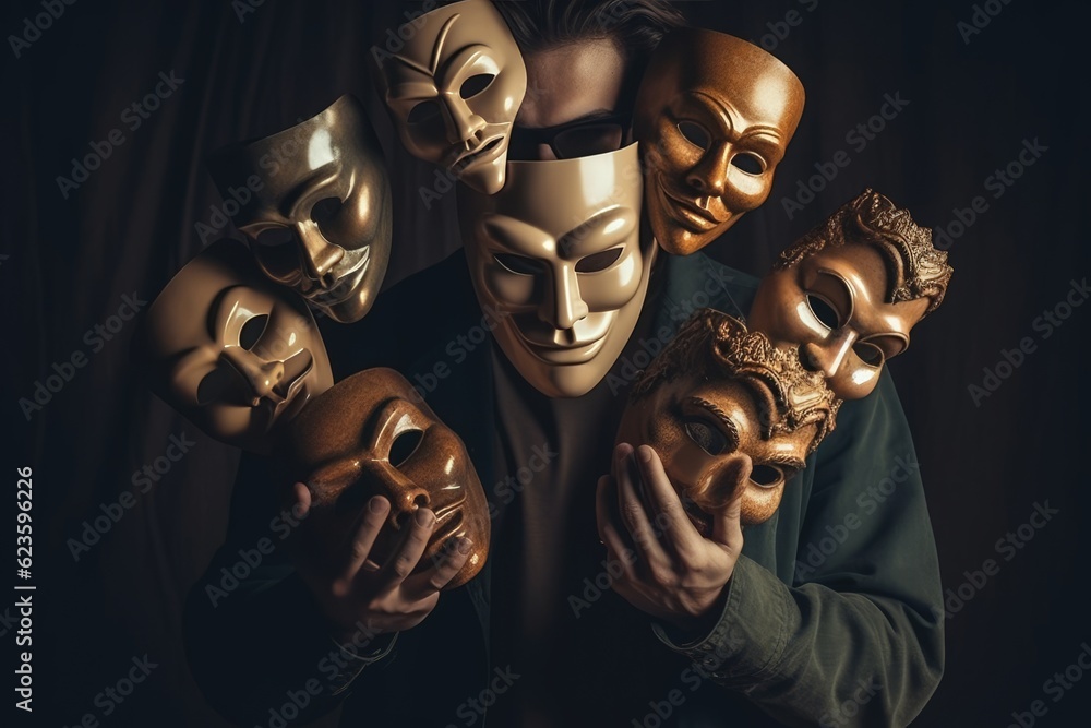 Fake emotion, play a role concept. Character holds masks our face with ...