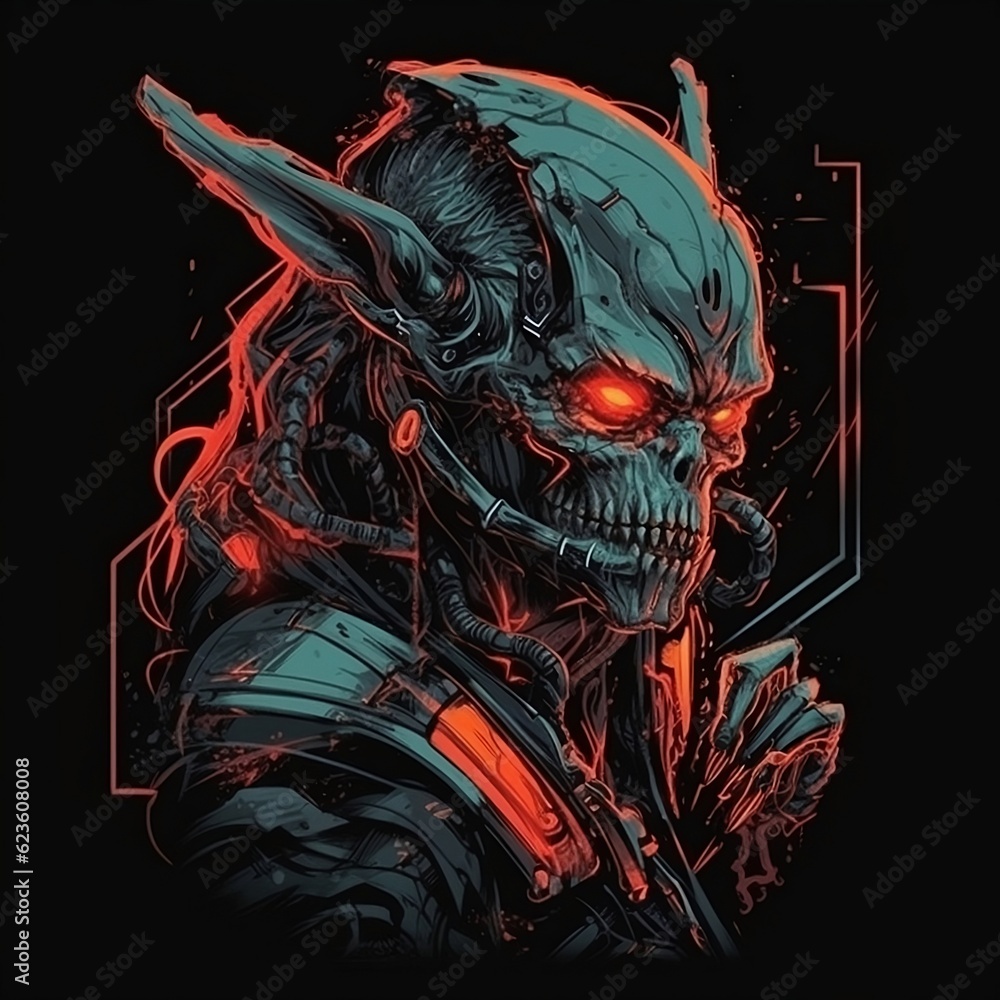 Cyberpunk demon with red eyes illustration tech demon made of slime ...