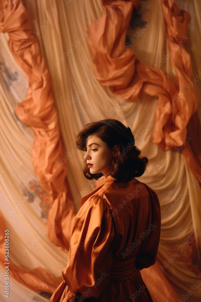 portrait of a woman/model/book character on a stage with red curtains ...