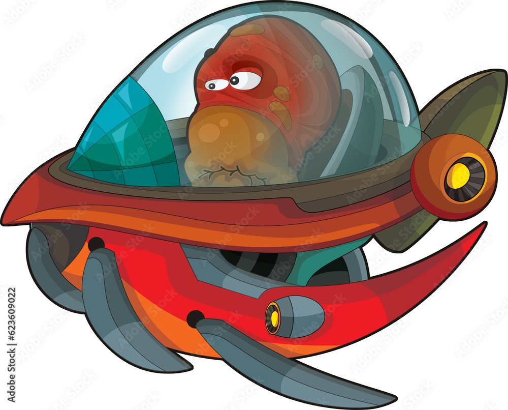 Cartoon alien creature on a ufo space ship or star ship transportation ...