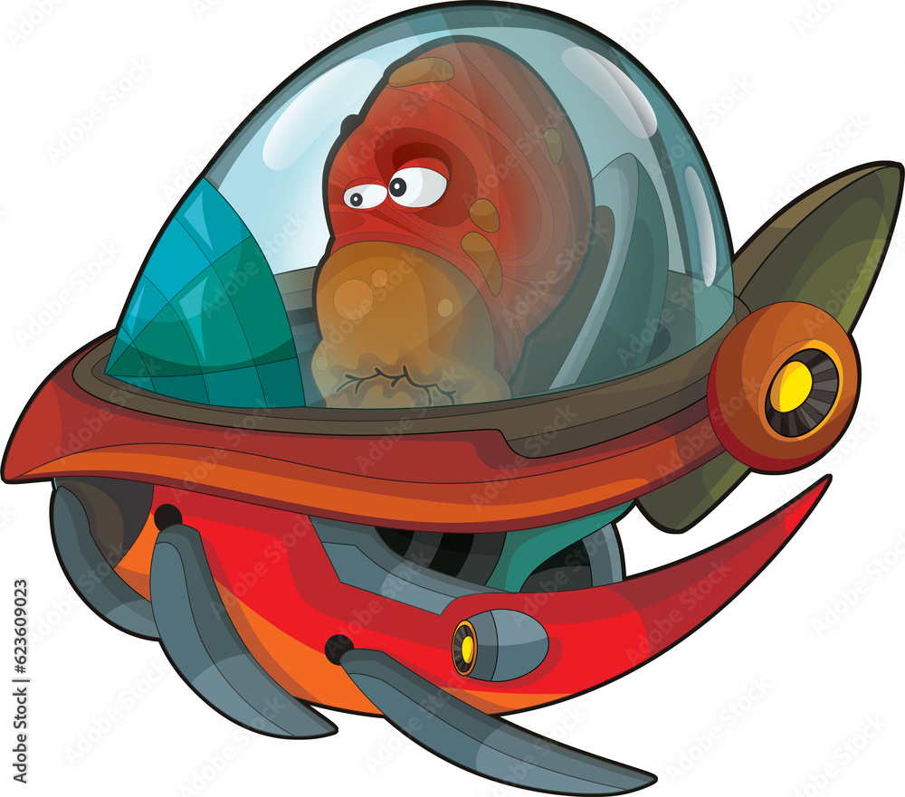 Cartoon alien creature on a ufo space ship or star ship transportation ...