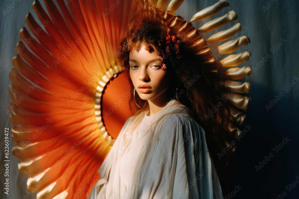 portrait of a woman/model/book character standing by a window in warm ...