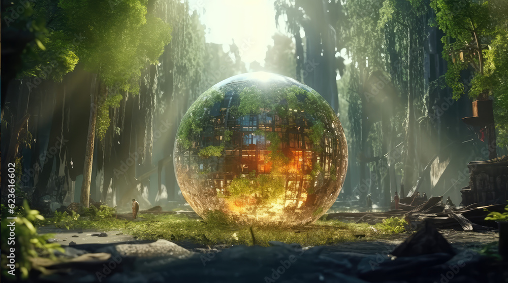a big crystal ball full of green trees with nature and life inside the ...