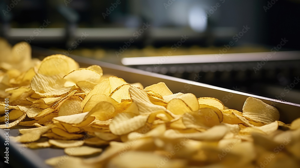 Chips on converter belt, potato chips packaging, line for the ...