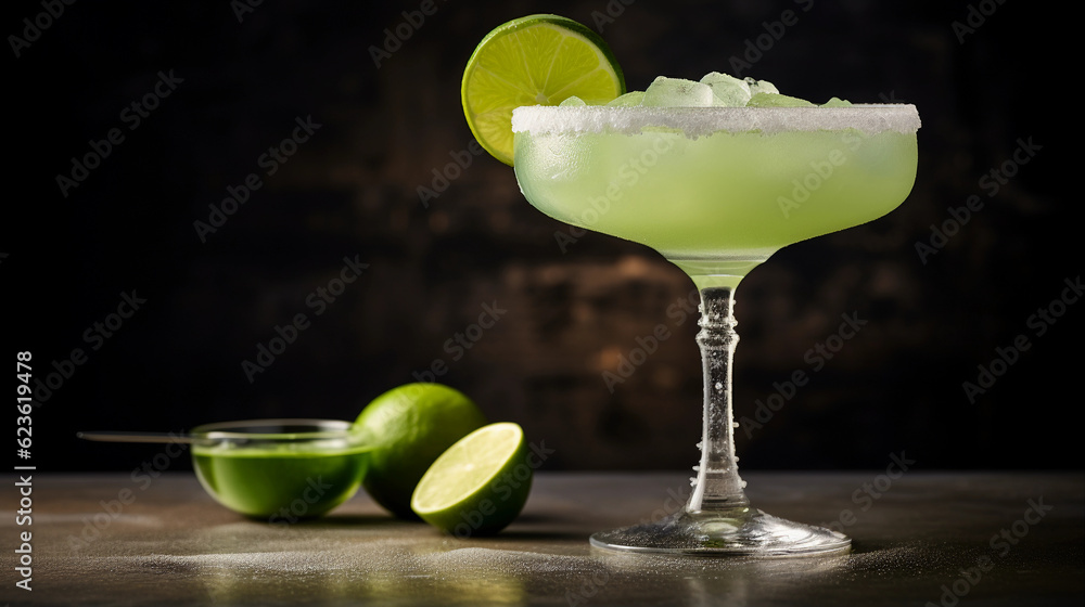 Tasty Margarita with Tequila Lime Juice Triple Sec Salt Rim served on a ...