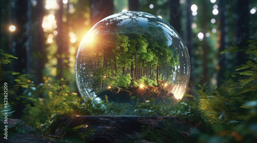 a big crystal ball full of green trees with nature and life inside the ...