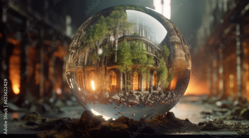 a big crystal ball full of green trees with nature and life inside the ...