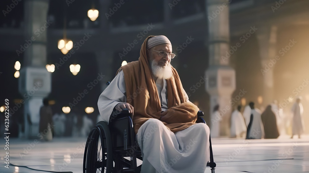 Muslim old man with dissability sitting in wheelchair and holding Quran ...