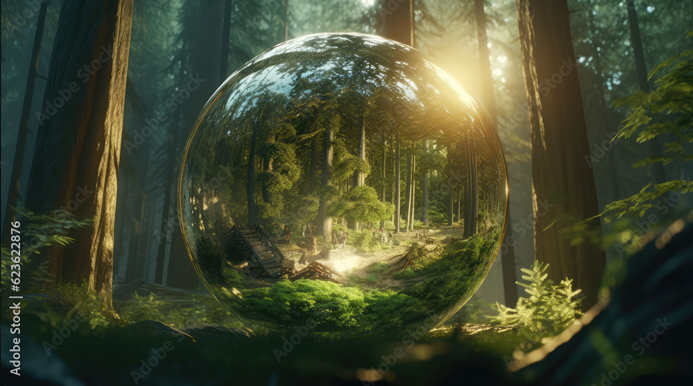 a big crystal ball full of green trees with nature and life inside the ...