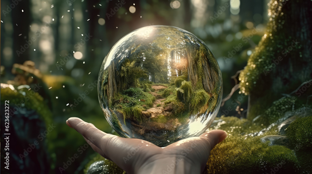 a big crystal ball full of green trees with nature and life inside the ...