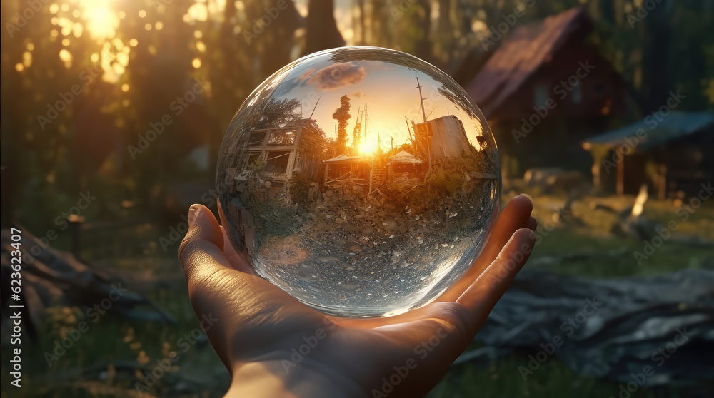 a big crystal ball full of green trees with nature and life inside the ...