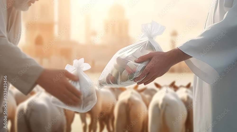 Muslim person giving alms or a plastic bag containing sacrificial meat ...