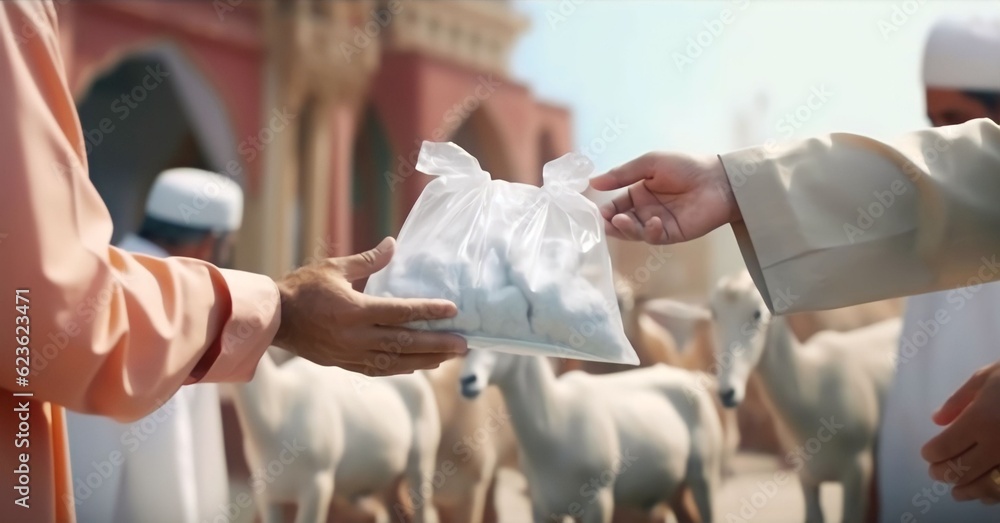 Muslim person giving alms or a plastic bag containing sacrificial meat ...