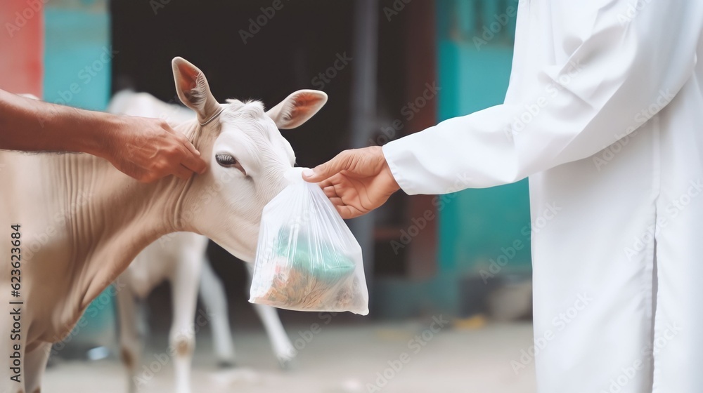 Muslim person giving alms or a plastic bag containing sacrificial meat ...