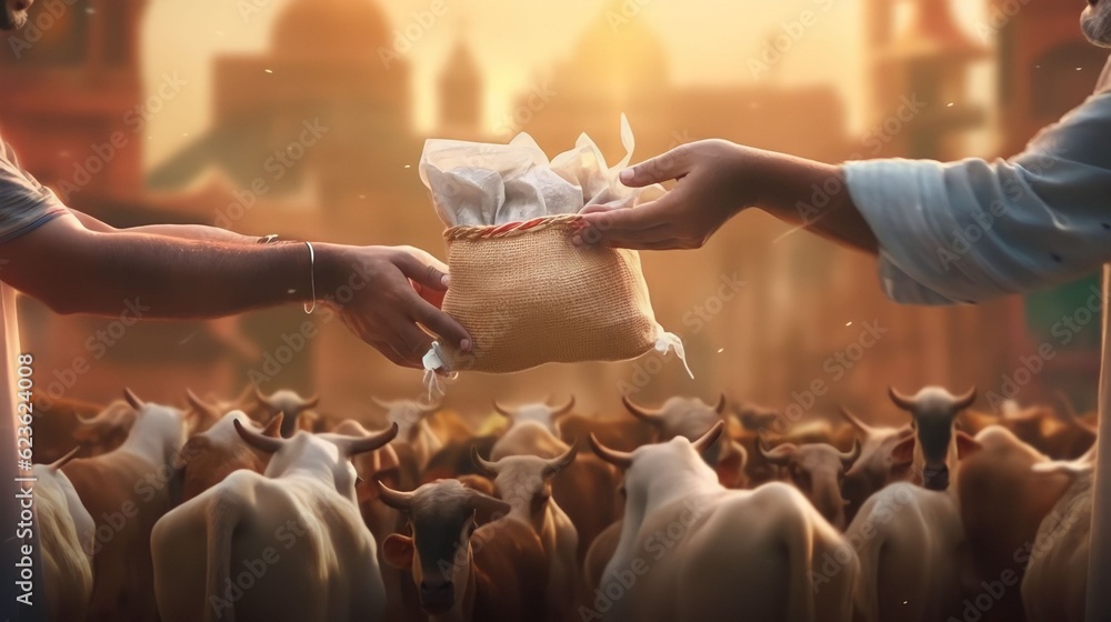 Muslim person giving alms or a plastic bag containing sacrificial meat ...