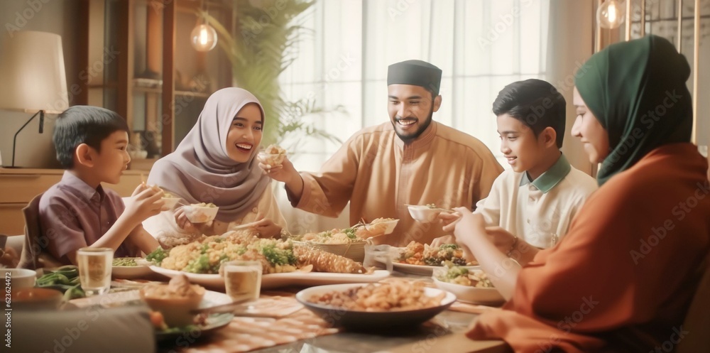 Muslim family eating food and enjoying together in happiness in the ...