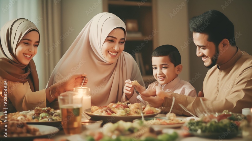 Muslim family eating food and enjoying together in happiness in the ...