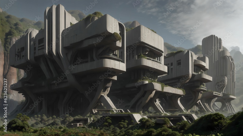 Landscape of an abandoned brutalist mega-structure deep in the ...