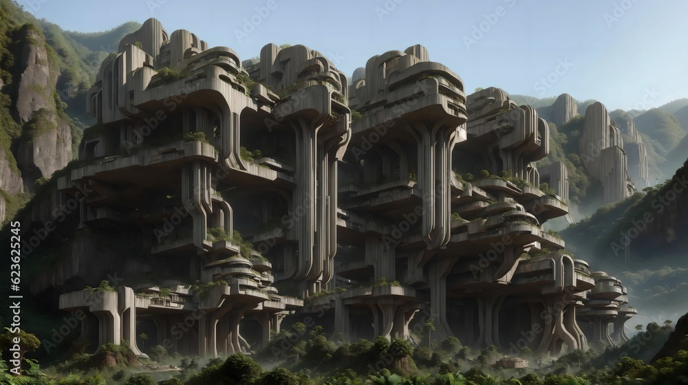 Landscape of an abandoned brutalist mega-structure deep in the ...