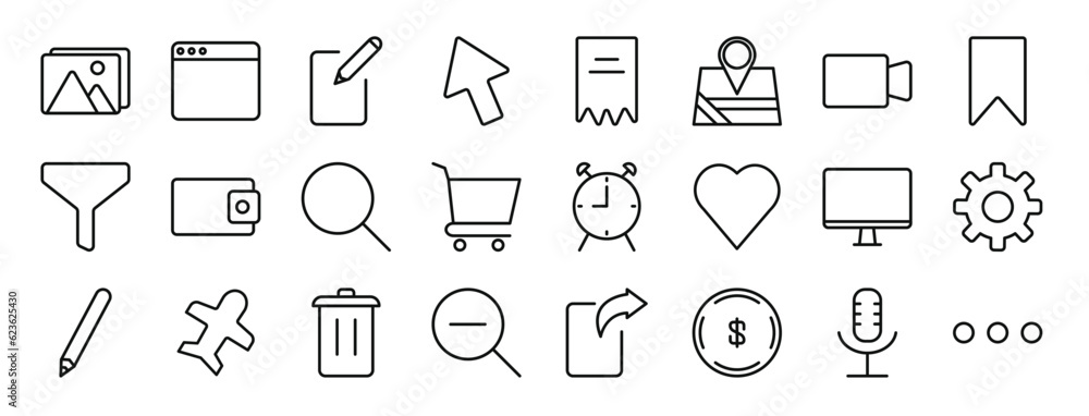 Vetor de set of 24 outline web interface icons such as gallery, browser, edit, cursor, invoice ...