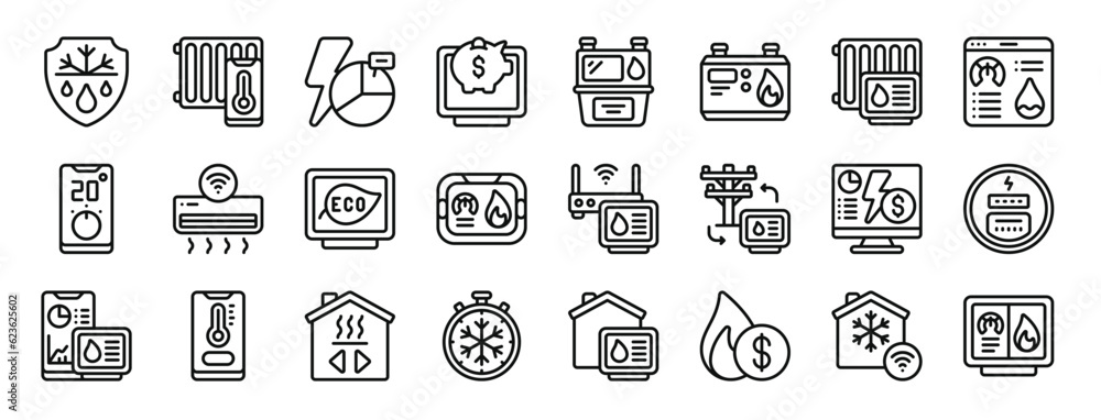 set of 24 outline web smart meters icons such as shield, thermometer, chart, smart meter, meter ...