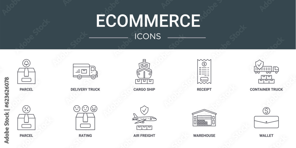 set of 10 outline web ecommerce icons such as parcel, delivery truck, cargo ship, receipt ...