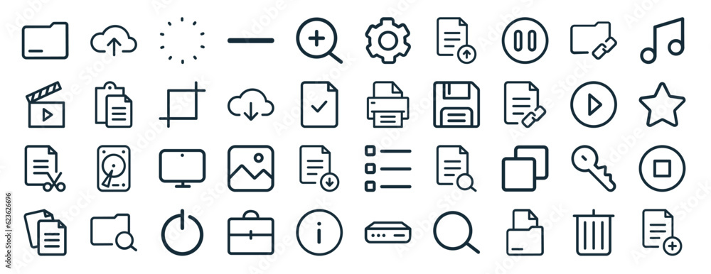 set of 40 outline web file explorer icons such as upload, video, cut ...