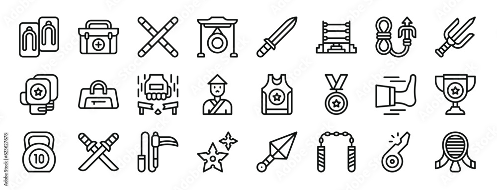 set of 24 outline web martial arts icons such as geta, first aid kit ...