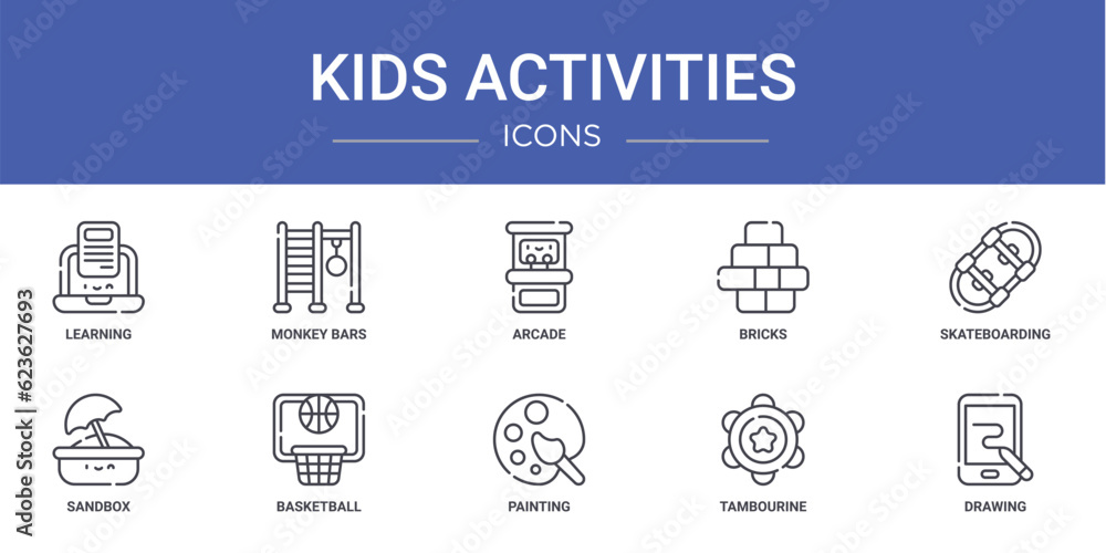 set of 10 outline web kids activities icons such as learning, monkey ...