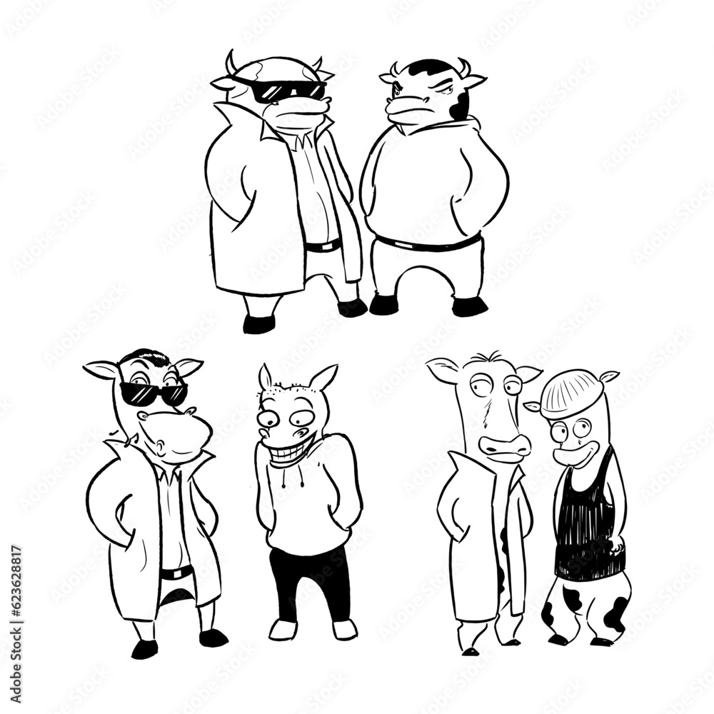Vetor de Cows gangster character design. Ink vector set. Funny humorous ...