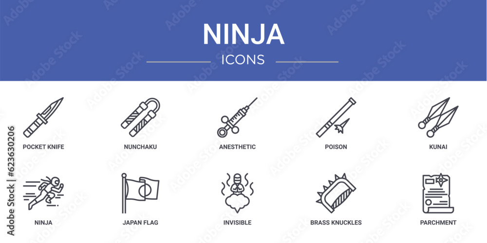 set of 10 outline web ninja icons such as pocket knife, nunchaku ...