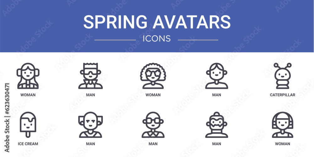 set of 10 outline web spring avatars icons such as woman, man, woman ...