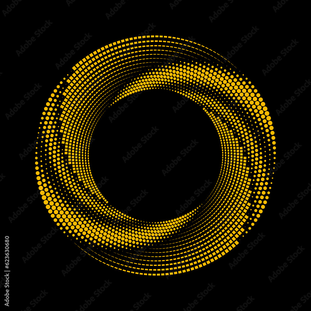 Yellow doted lines in spiral form. Segmented circle. Halftone dots ...